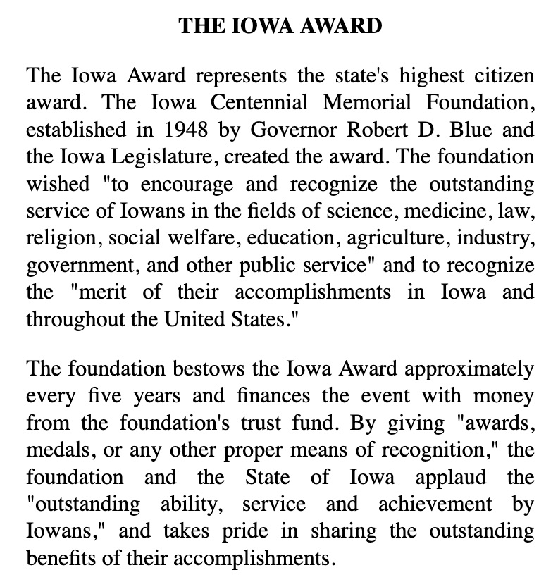 The Iowa Award – 1951 To Today. | Our Iowa Heritage
