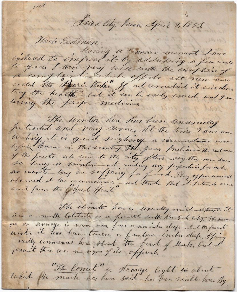 Iowa City – April 1843 – The Letter Back Home. | Our Iowa Heritage