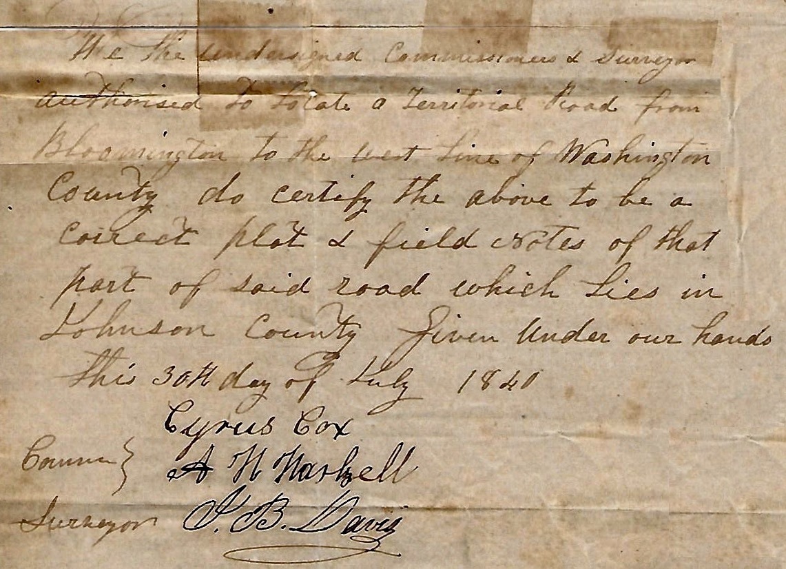 July 30, 1840 – Johnson County Road Map – Bloomington To Iowa City ...